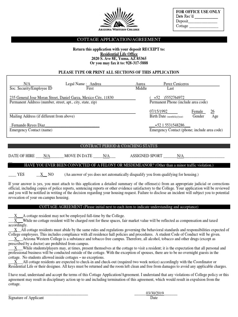 Cottage Application/Agreement: For Office Use Only | PDF | Common Law ...