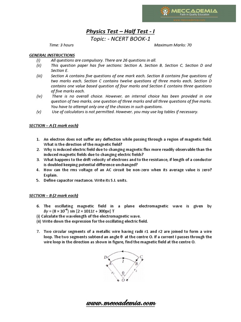 Physics Test - Half Test - I: Topic: - NCERT BOOK-1 | PDF | Magnetic ...