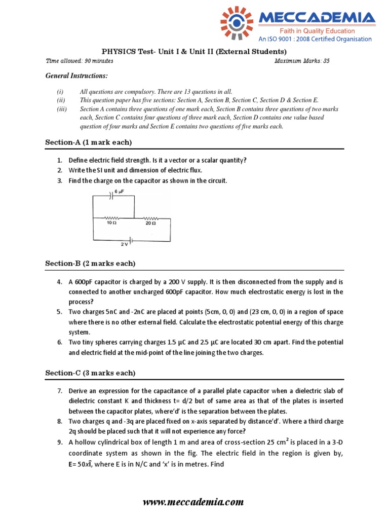 General Instructions:: PHYSICS Test-Unit I & Unit II (External Students ...