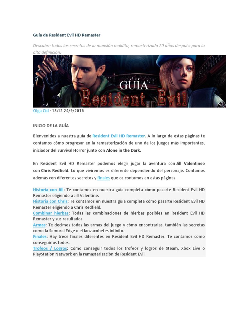 Guía de Resident Evil HD Remaster | PDF | Residente demoníaco | Ocio
