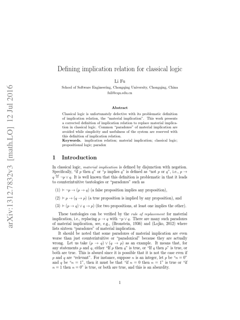 Defining Implication Relation For Classical Logic | PDF | Interpretation (Logic) | Logic