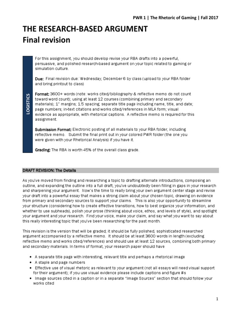 The Research-Based Argument Final Revision: PWR 1 - The Rhetoric of ...