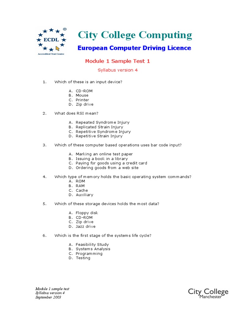 Ecdl Module 1 Test | PDF | Random Access Memory | Computer Virus