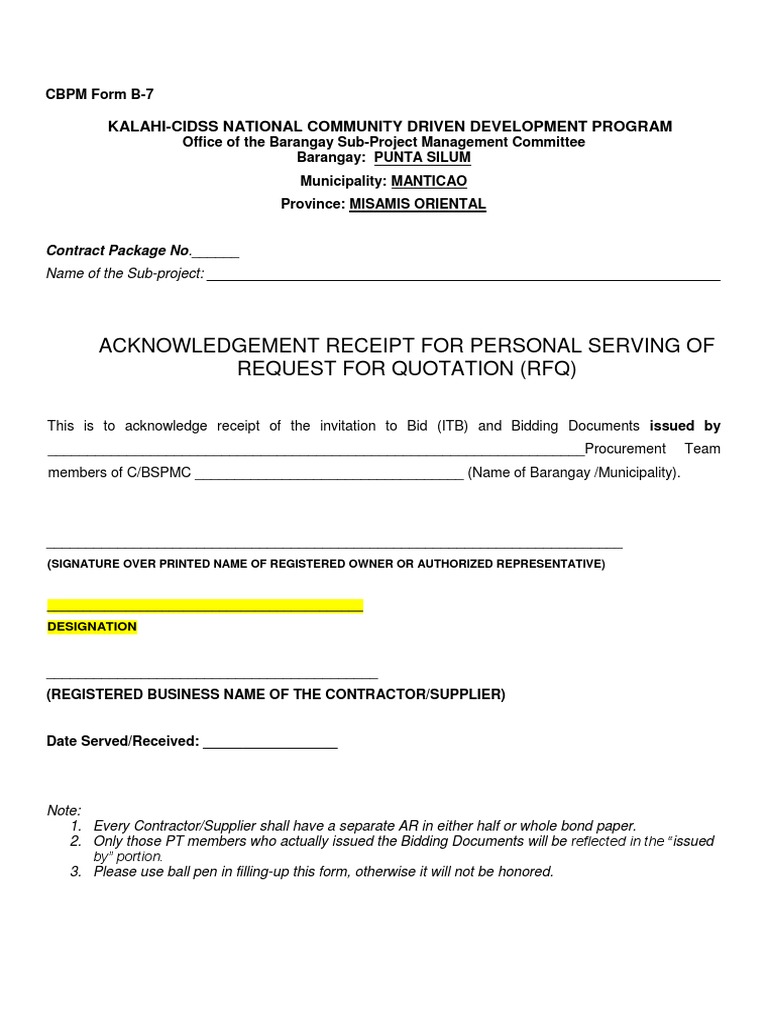 KALAHI-CIDSS RFQ Acknowledgement Form | PDF
