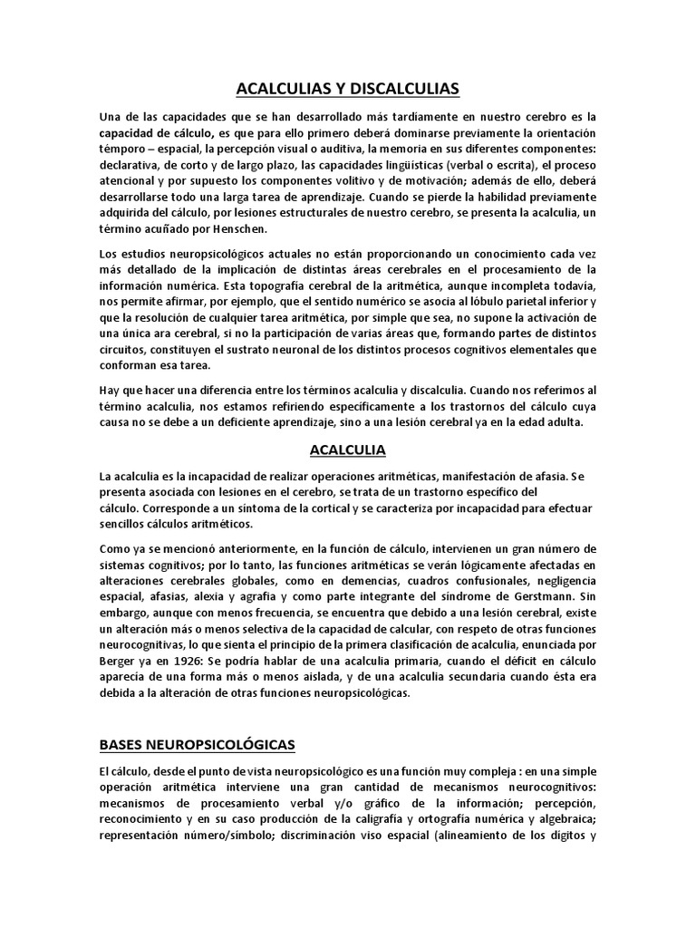 Acalculia y Discalculia | PDF | Memoria | Cerebro