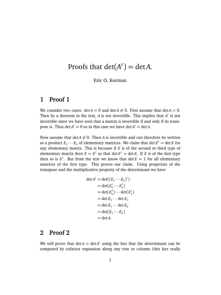 Proofs That Det (A) Det A.: 1 Proof 1 | Download Free PDF | Determinant ...
