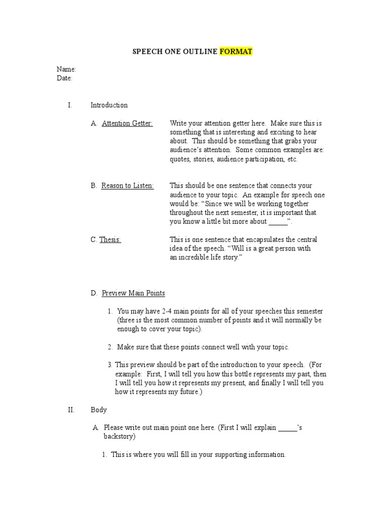 Speech One Outline Example | PDF