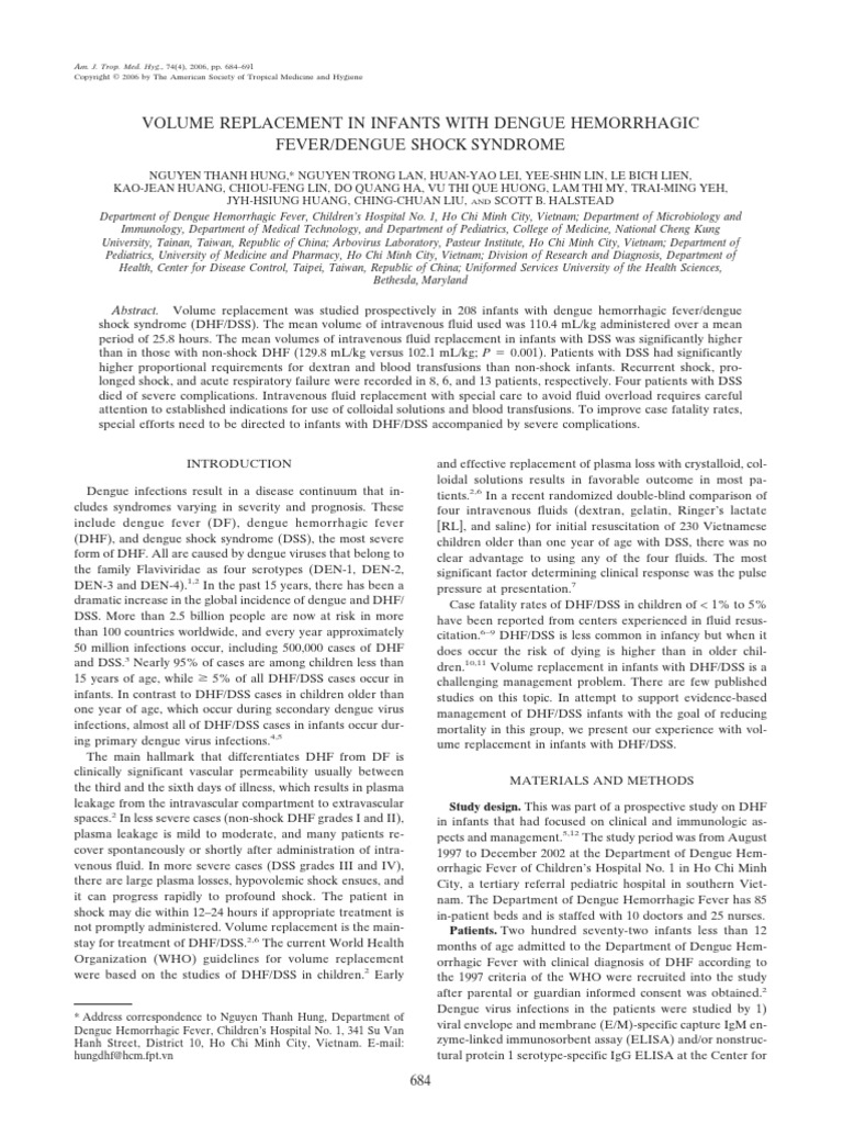 Volume Replacement in Infants With Dengue Hemorrhagic Fever/Dengue ...