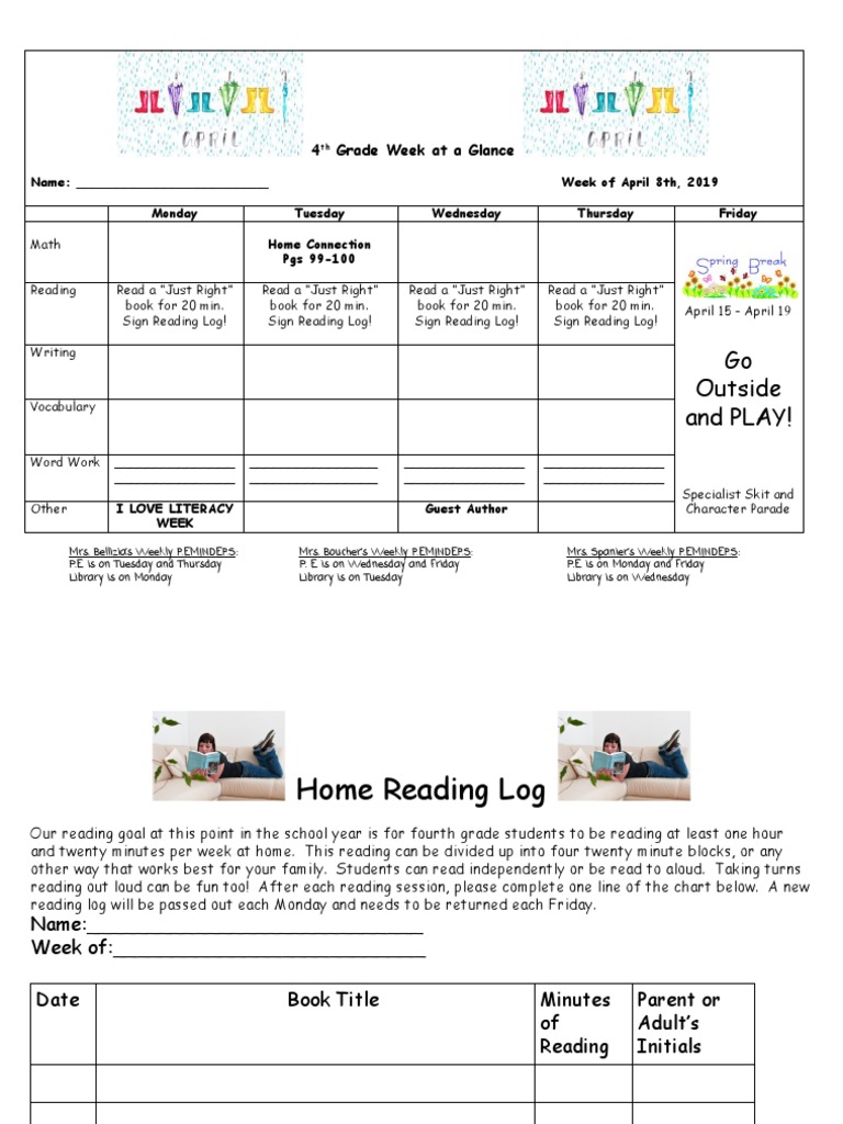 4th Grade Weekly Overview: April 2019 | PDF | Behavior Modification ...