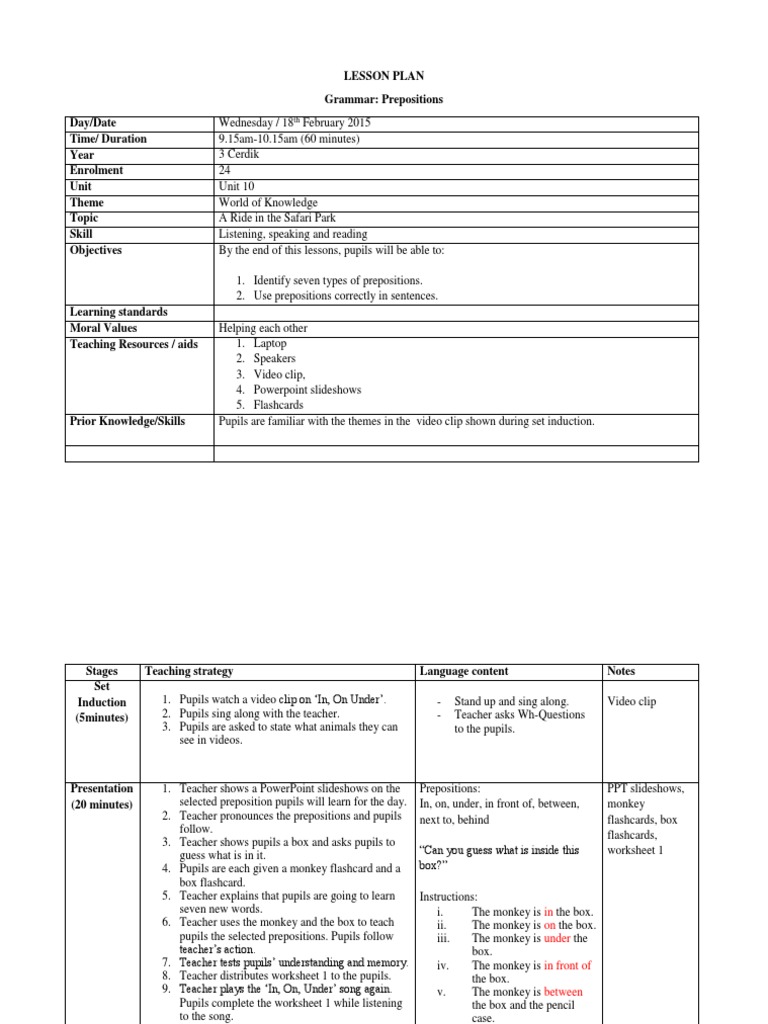 Lesson Plan Grammar: Prepositions Day/Date Time/ Duration Year ...