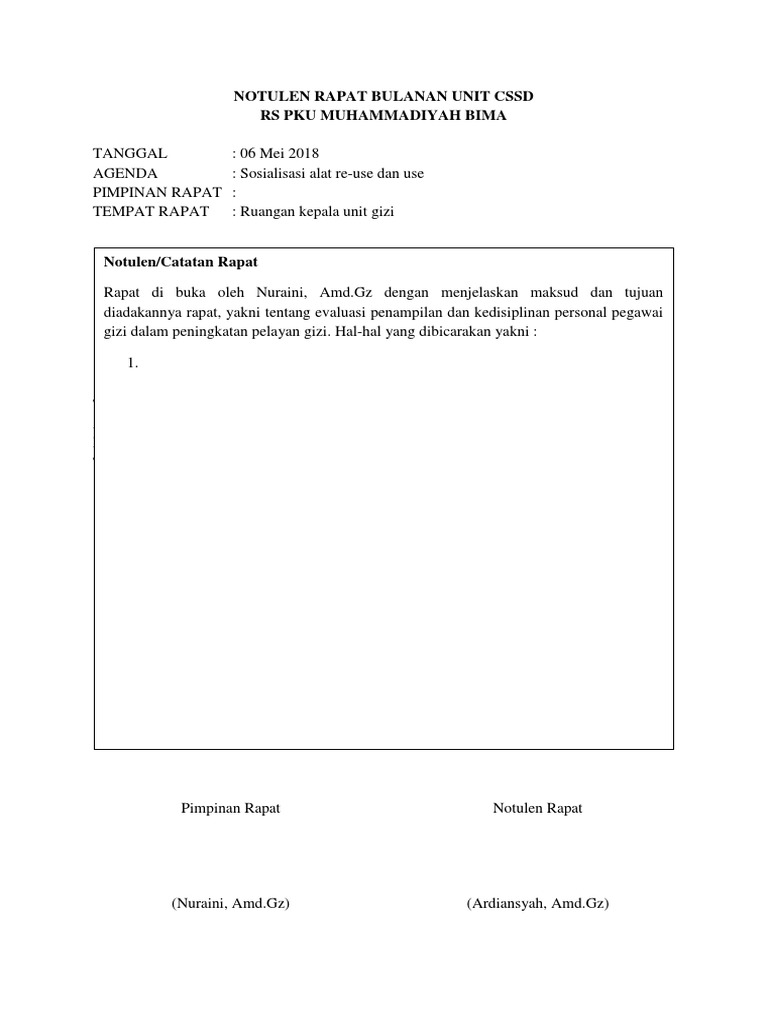 Notulen Rapat Bulanan Unit CSSD | PDF