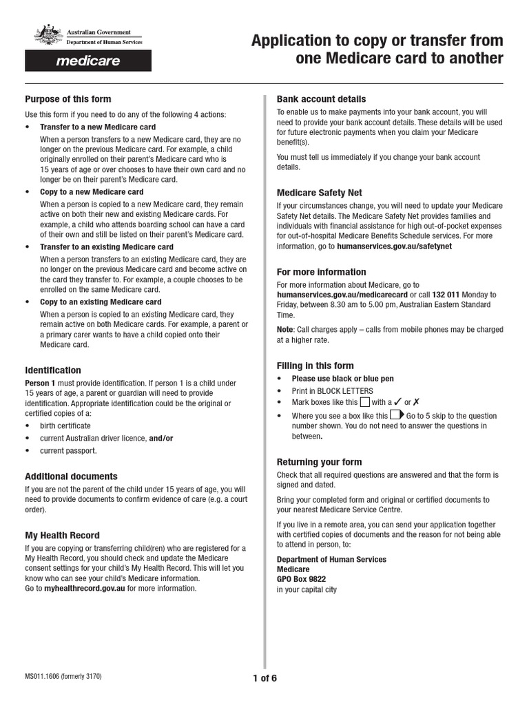 Application To Copy or Transfer From One Medicare Card To Another | Download Free PDF ...