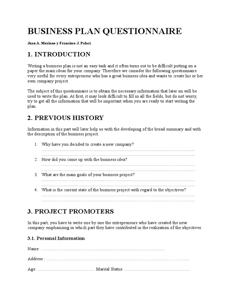 Business Plan Questionnaire | PDF | Debt | Marketing
