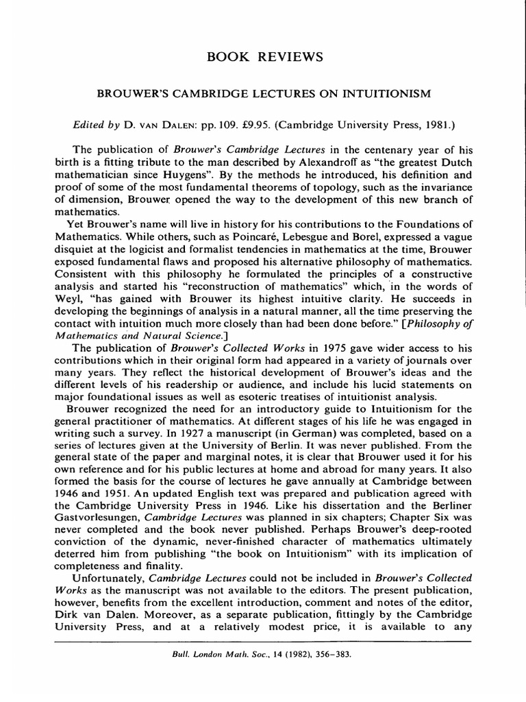Brouwer's Intuitionism Lectures Finally Published | PDF | Teaching ...