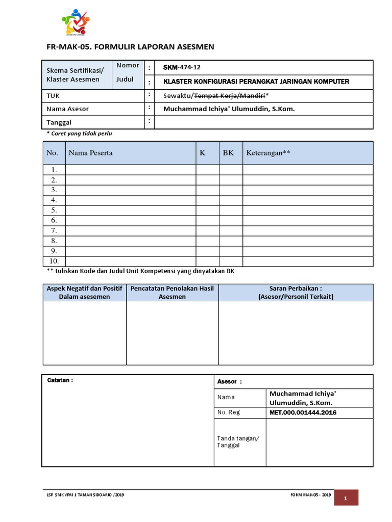 Form Mak 05 - Formulir Laporan Asesmen PDF | PDF
