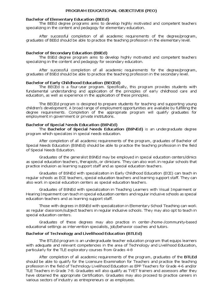 PROGRAM EDUCATIONAL OBJECTIVES & POs | PDF | Teachers | Teacher Education
