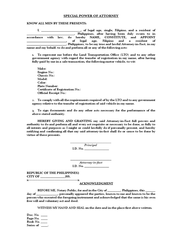 Sample SPA For LTO | PDF | Power Of Attorney | Civil Law (Common Law)