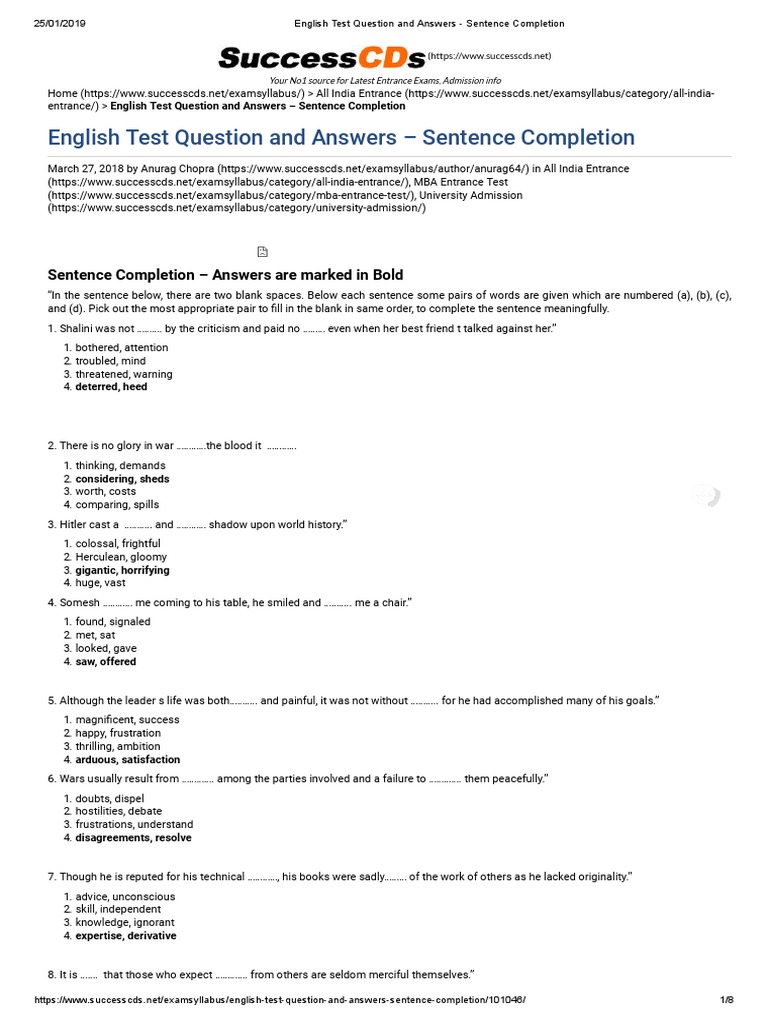 English Test Question and Answers - Sentence Completion | PDF ...