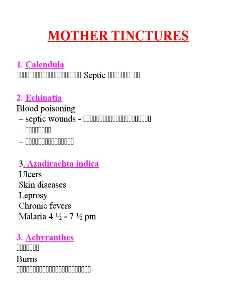 Mother Tinctures in Homoeopathy | PDF | Cough | Sepsis