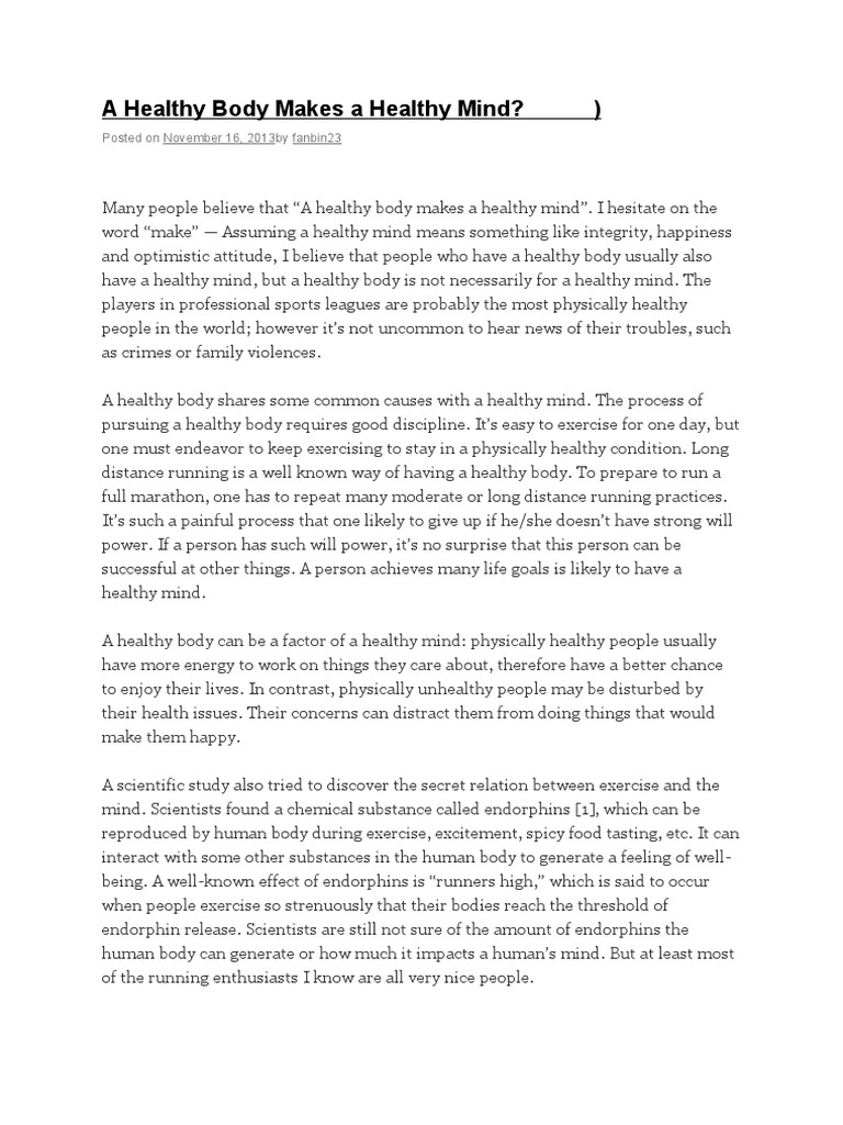 The Relationship Between Physical and Mental Health: A Healthy Body May ...