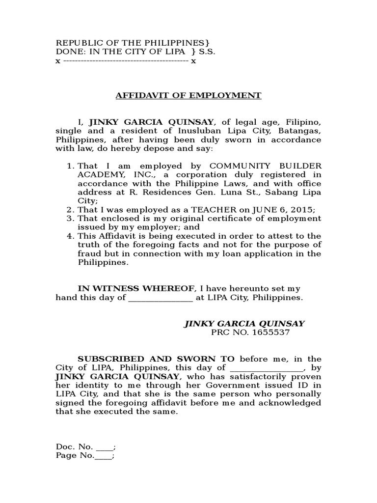 Affidavit of Employment | PDF | Civil Law (Common Law) | Justice
