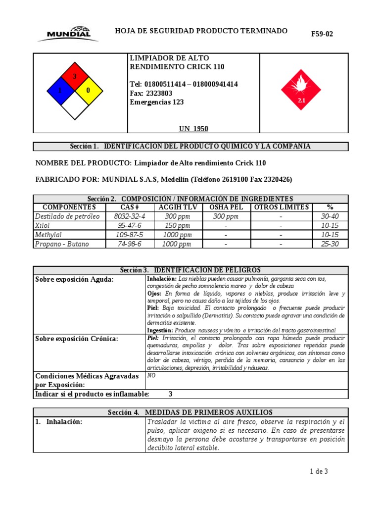 MSDS Crick 110.pdf | Oxígeno | Carbón