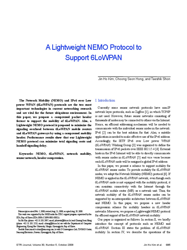 A Lightweight NEMO Protocol To Support 6LoWPAN | PDF | I Pv6 | Internet Protocols