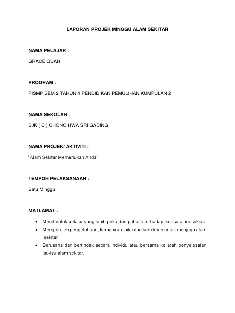 Laporan Projek Minggu Alam Sekitar | PDF