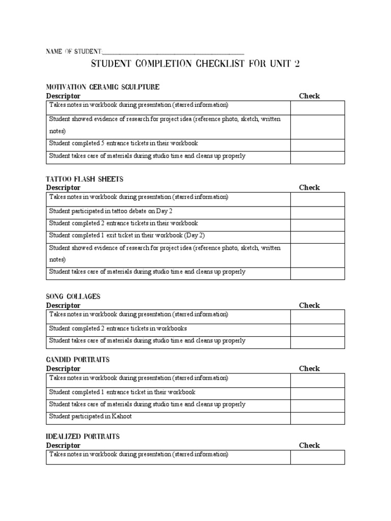 Student Completion Checklist for Art Unit | PDF | Art