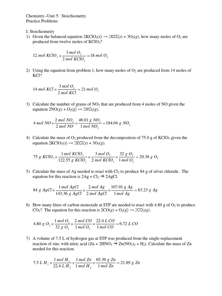 Unit 5 Practice Problems (Answers) | PDF | Molar Concentration | Stoichiometry
