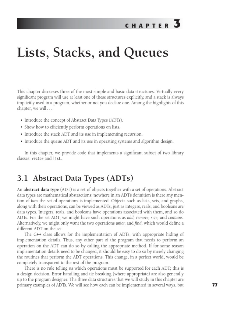 Lists, Stacks, and Queues: 3.1 Abstract Data Types (Adts) | PDF | Array Data Structure | Data Type