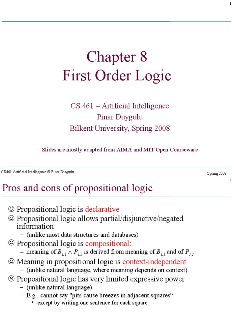 First Order Logic: CS 461 - Artificial Intelligence Pinar Duygulu Bilkent University, Spring ...