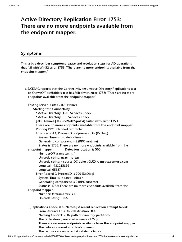 Active Directory Replication Error 1753 - There Are No More Endpoints Available From The ...
