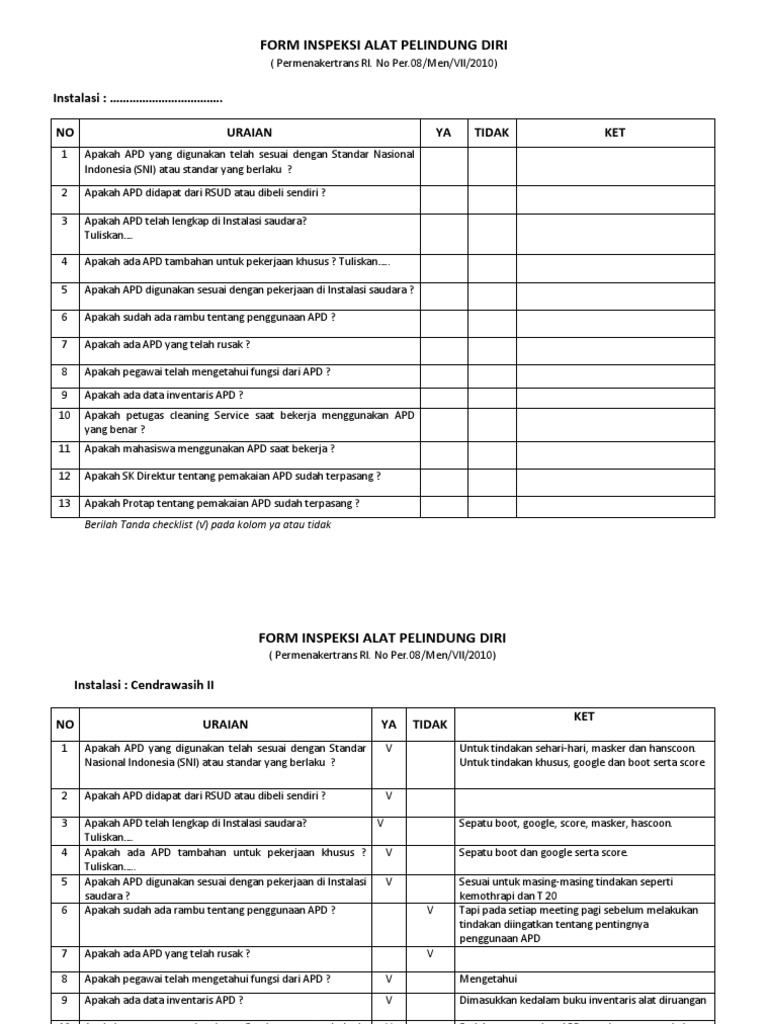 Formulir Inspeksi APD Lengkap | PDF