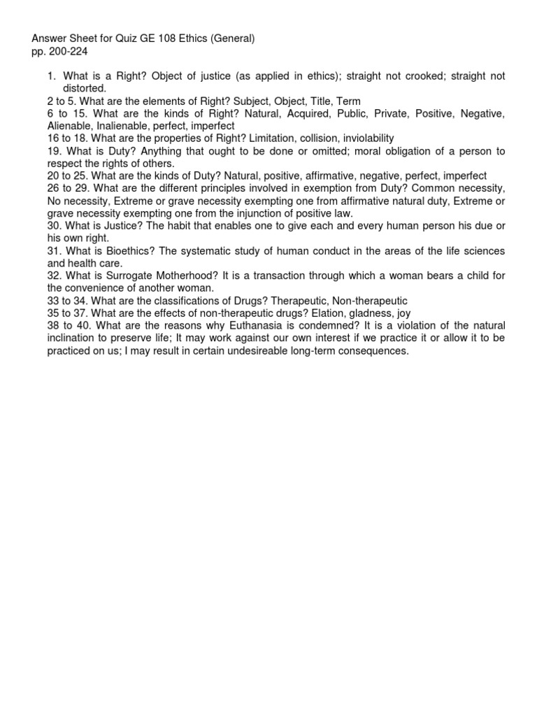 Answer Sheet For Quiz Ge 108 Ethics Pdf