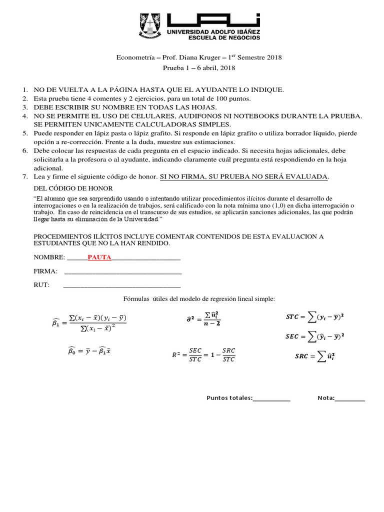 Prueba 1-2018 - DKruger - Pauta | PDF | Econometría | Análisis de regresión