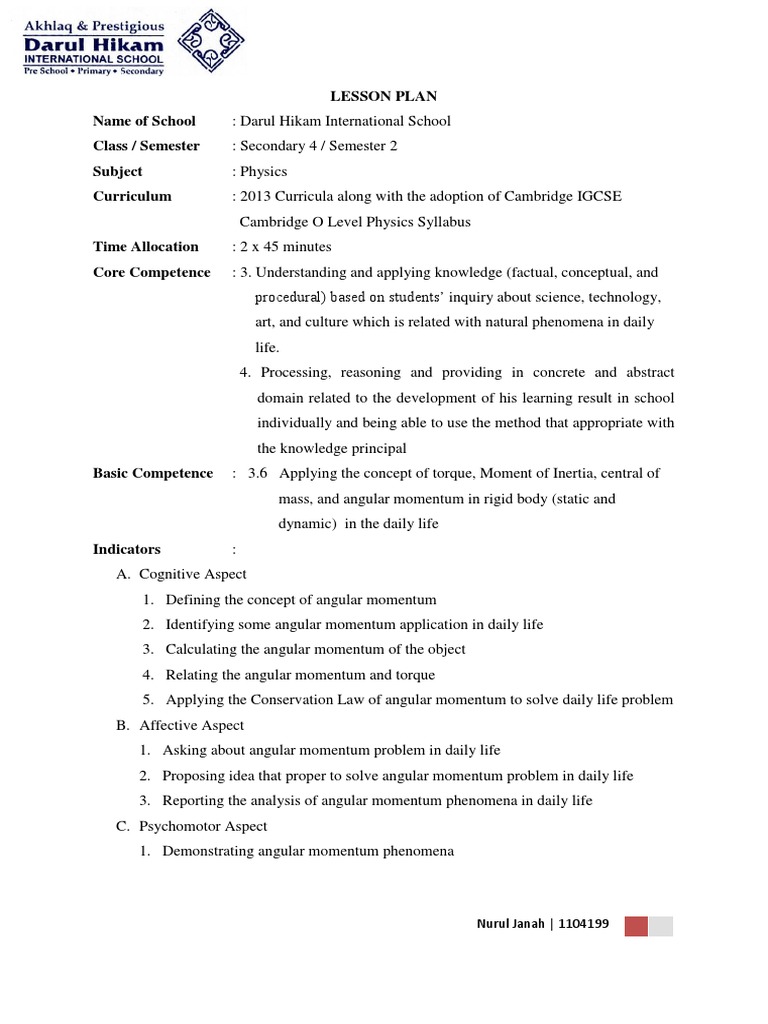 Lesson Plan Angular Momentum Pdf Angular Momentum Torque