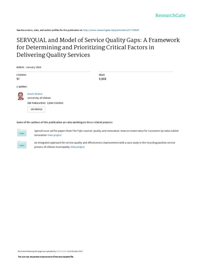 SERVQUAL and Model of Service Quality Gaps A Frame | PDF | Analysis ...