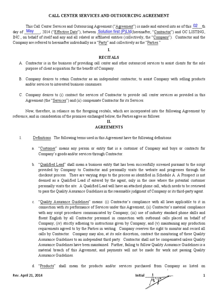 Call Center Services Agreement 2014 | PDF | Irs Tax Forms | Withholding Tax