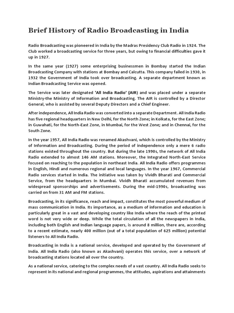 Brief History of Radio Broadcasting in India | PDF | Telecommunications ...