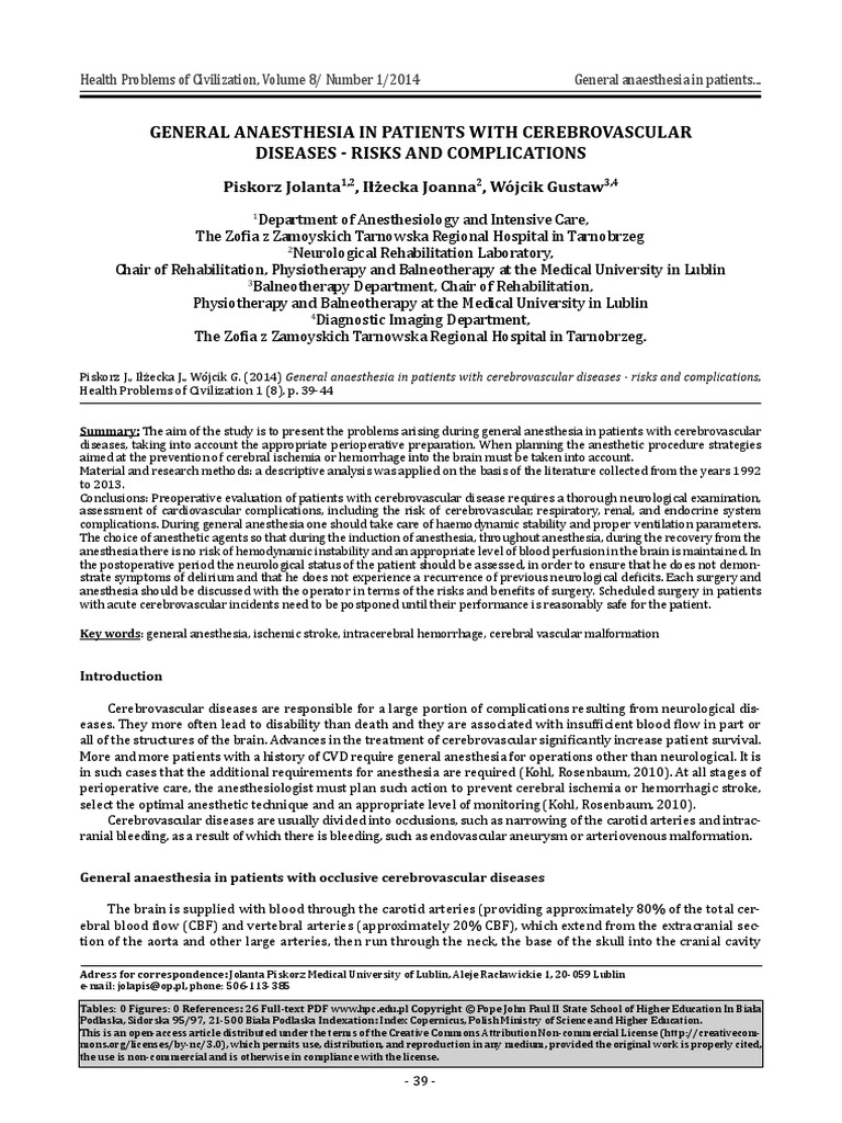 General Anaesthesia in Patients With Cerebrovascular Diseases - Risks ...