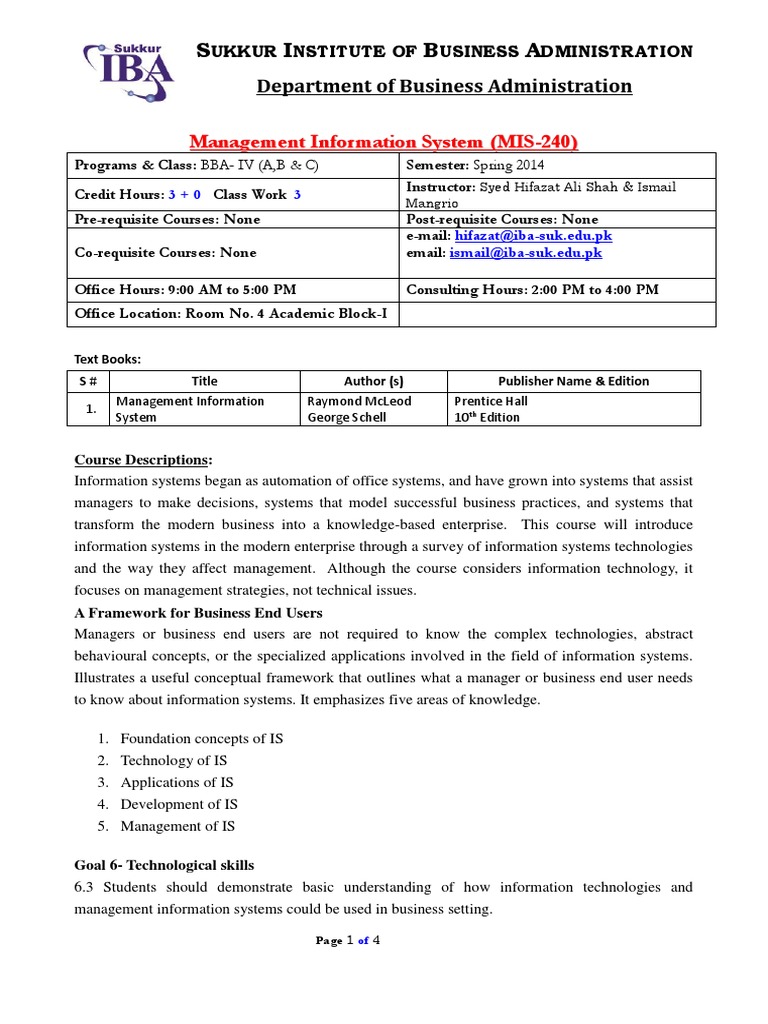 MIS Course Outline for BBA-IV | PDF | E Commerce | Information System