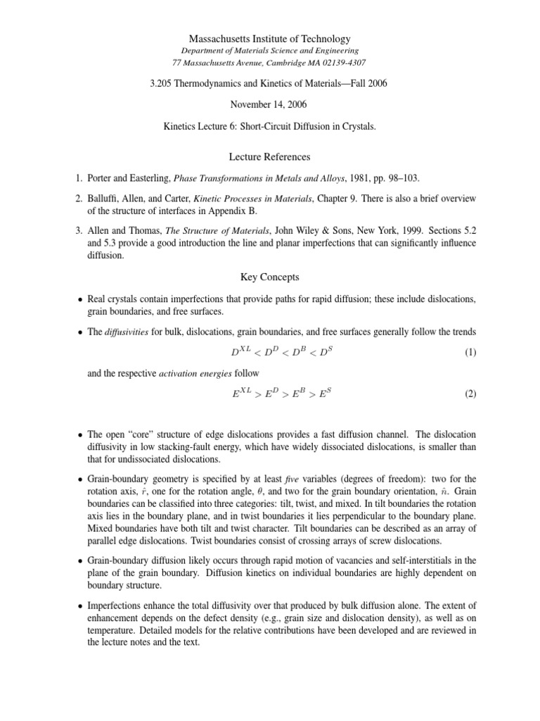 MIT materials kinetics lecture on short-circuit diffusion | PDF | Dislocation | Crystallite
