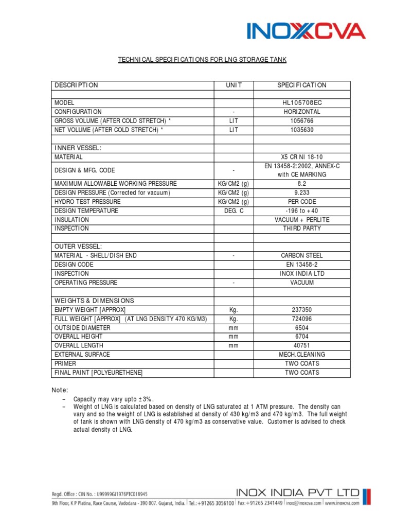 LNG Storage Tank Specifications | PDF | Liquefied Natural Gas | Density