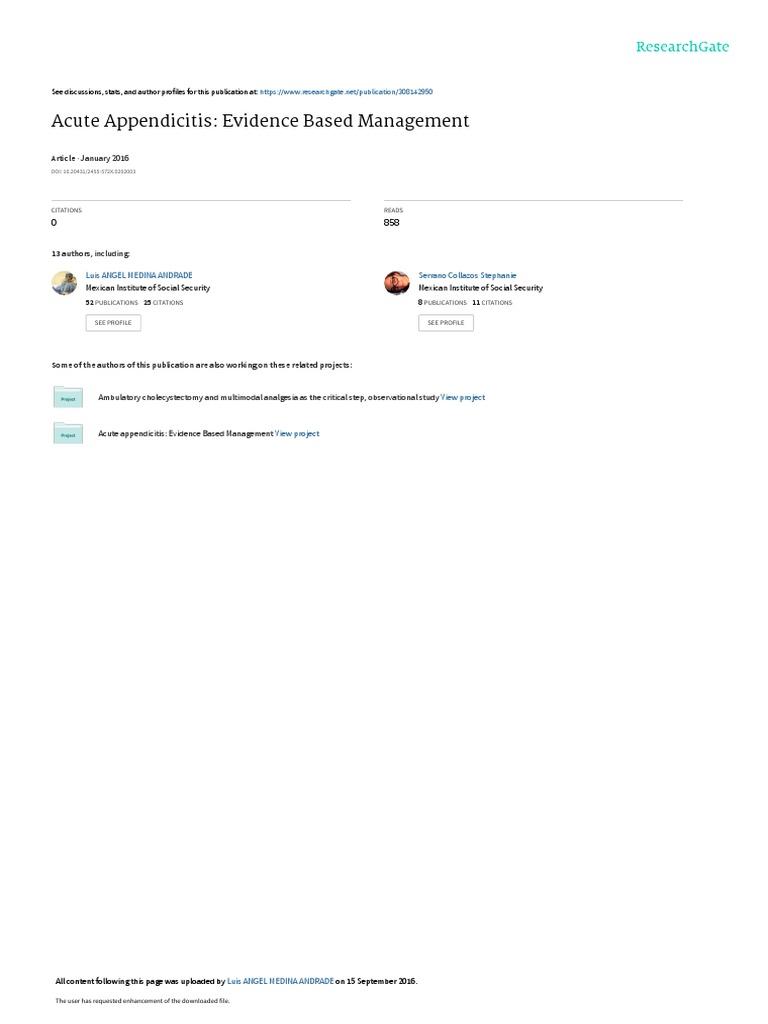 Acute Appendicitis: Evidence Based Management: January 2016 | PDF | Surgery | Medicine