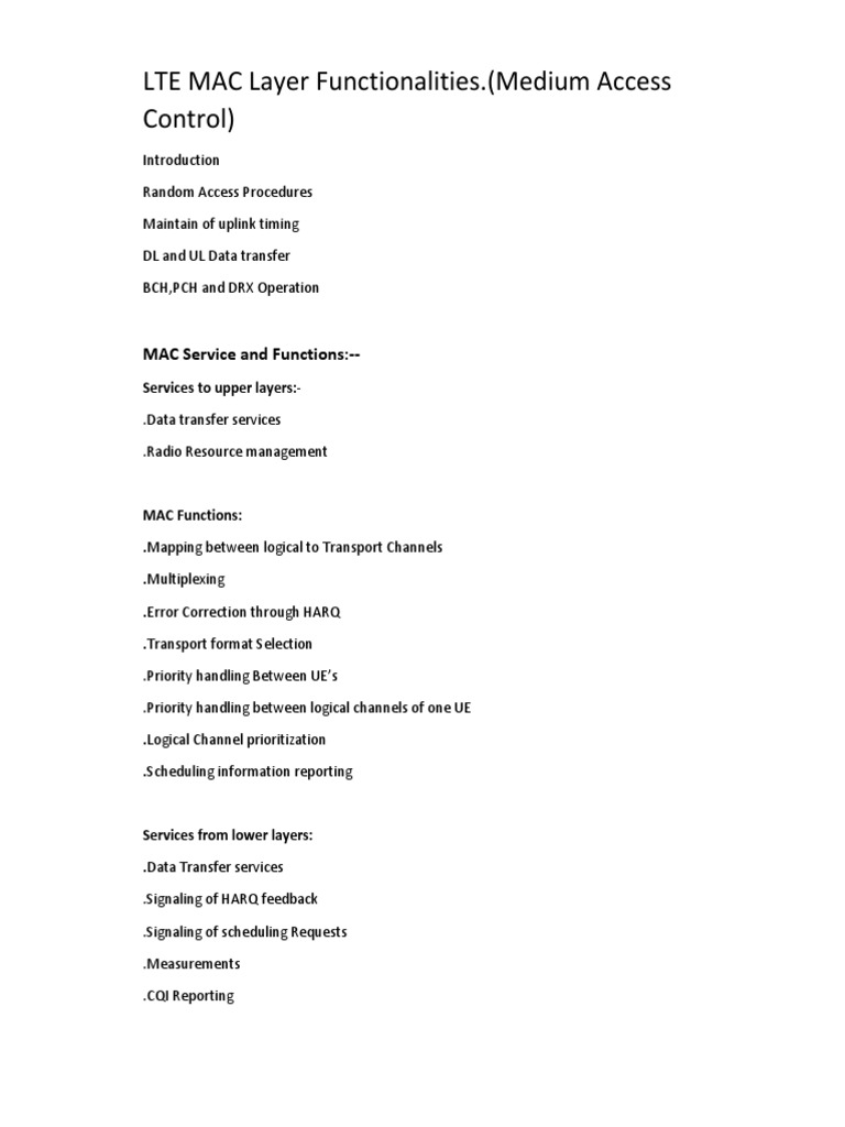 LTE MAC Layer Functionalities | PDF