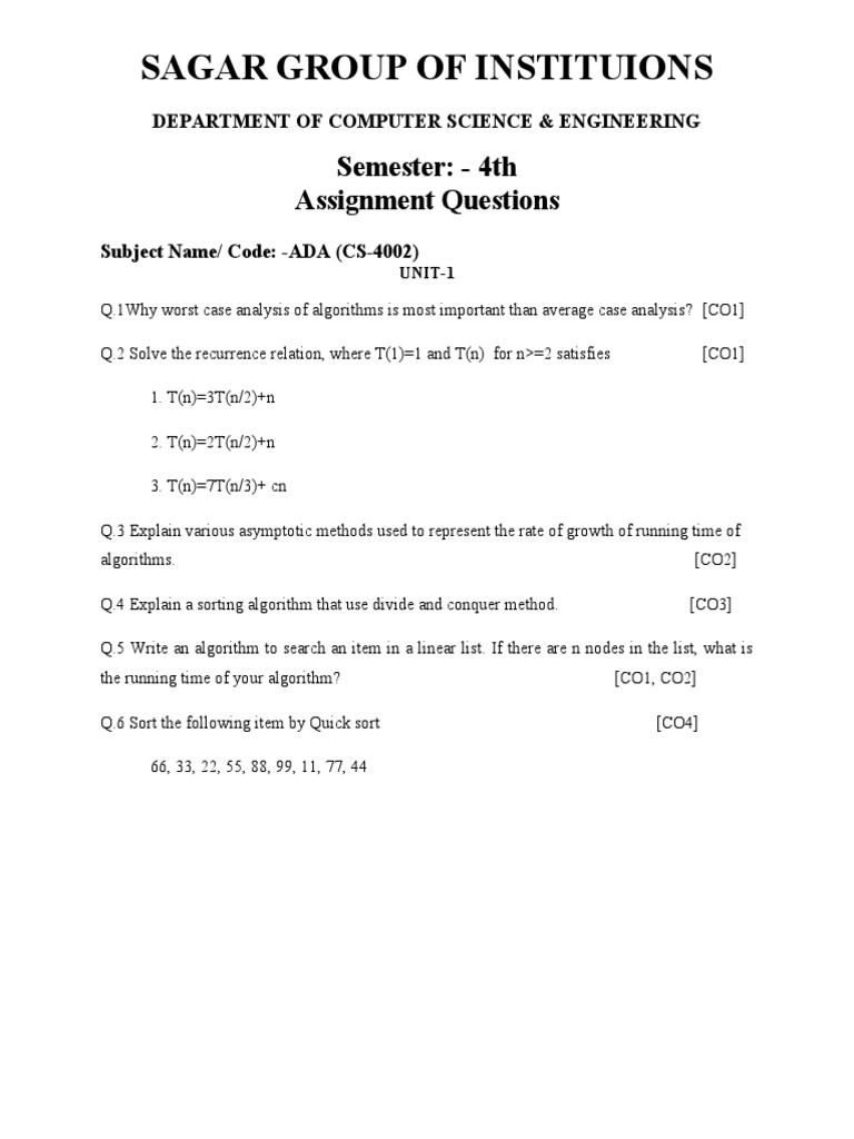 Analysis of Algorithms and Data Structures Assignment Questions | PDF ...