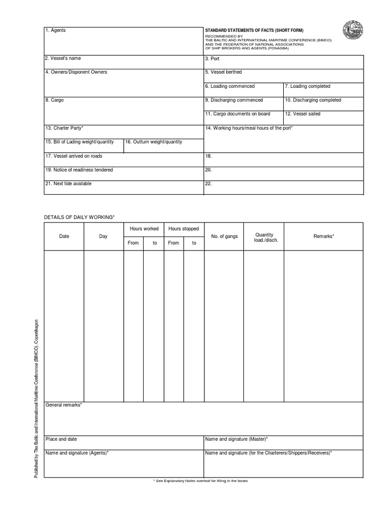 Bimco Standard Statement of Facts PDF | PDF | Freight Transport | Ships