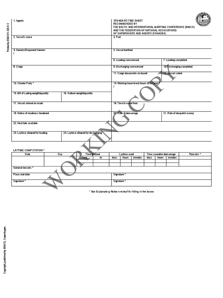 BIMCO Standard Time Sheet | PDF | Shipping | Water Transport