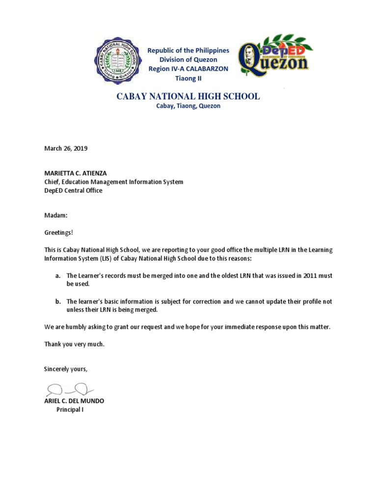 Multiple LRN Request Letter.pdf | Learning | Schools | Free 30-day ...